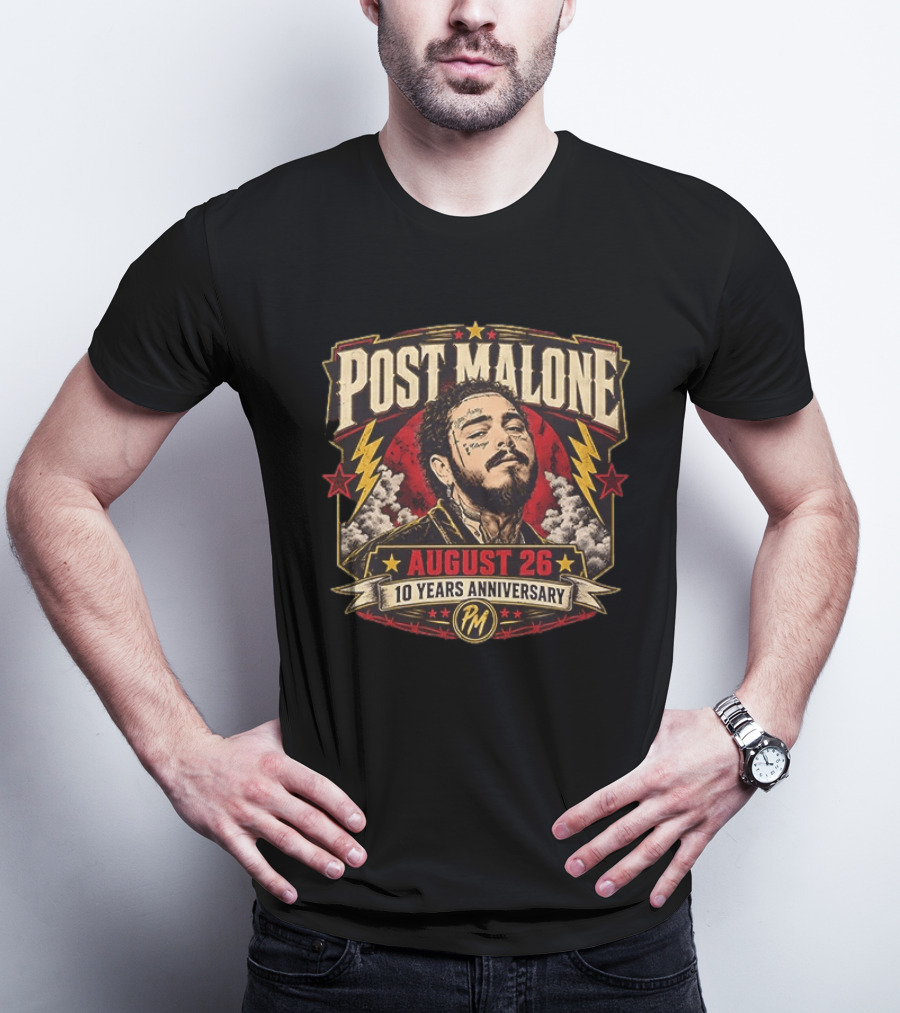 Post Malone August 26 10 Years Anniversary Retro Style Lightning Bolts And Stars T-Shirt