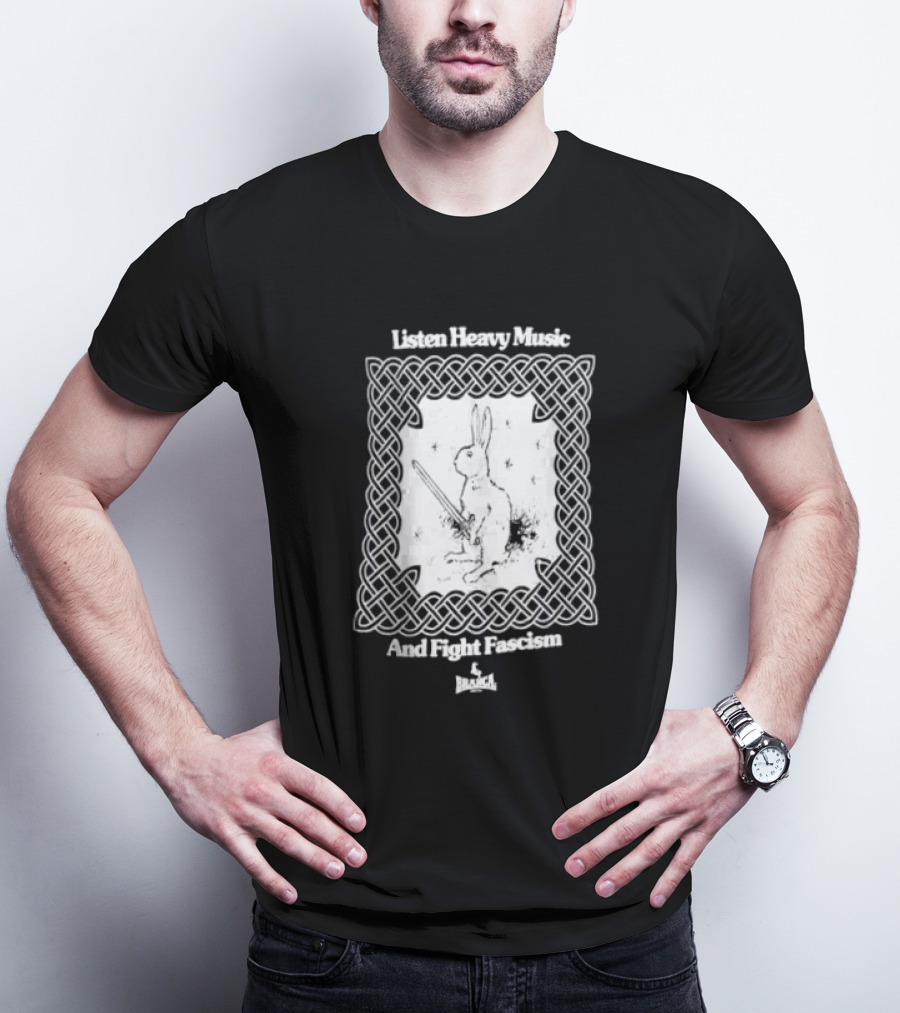 Listen Heavy Music And Fight Fascism Bunny With Sword Celtic Knot Frame T-Shirt