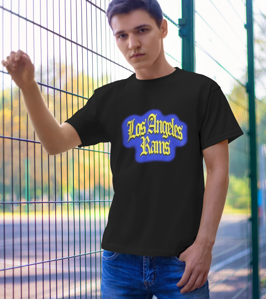 Los Angeles Rams Yellow Gothic Letters Blue Aura T-Shirt
