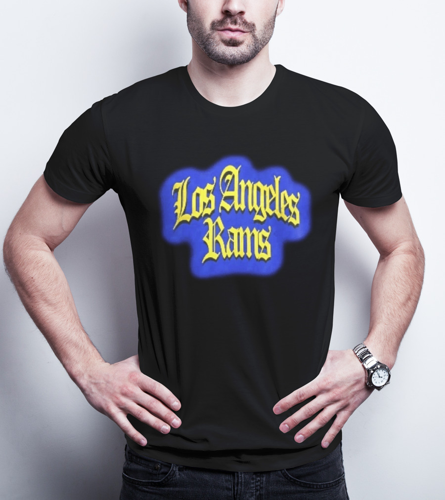 Los Angeles Rams Yellow Gothic Letters Blue Aura T-Shirt