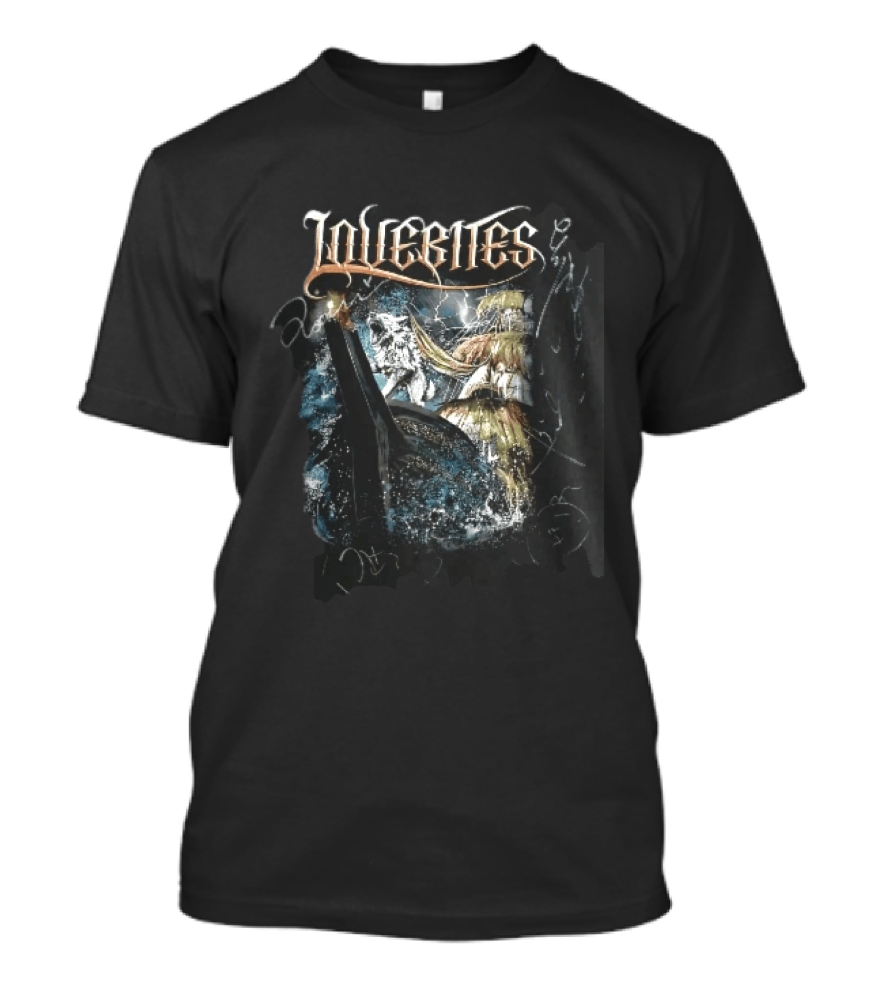 Lovebites Howling White Wolf Ship Amidst Ocean Storm And Lightning Waves T-Shirt