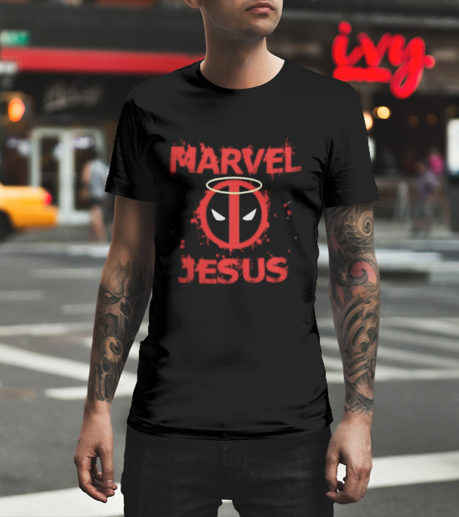 Marvel Jesus Distressed Deadpool Mask Yellow Halo Splatter T-Shirt