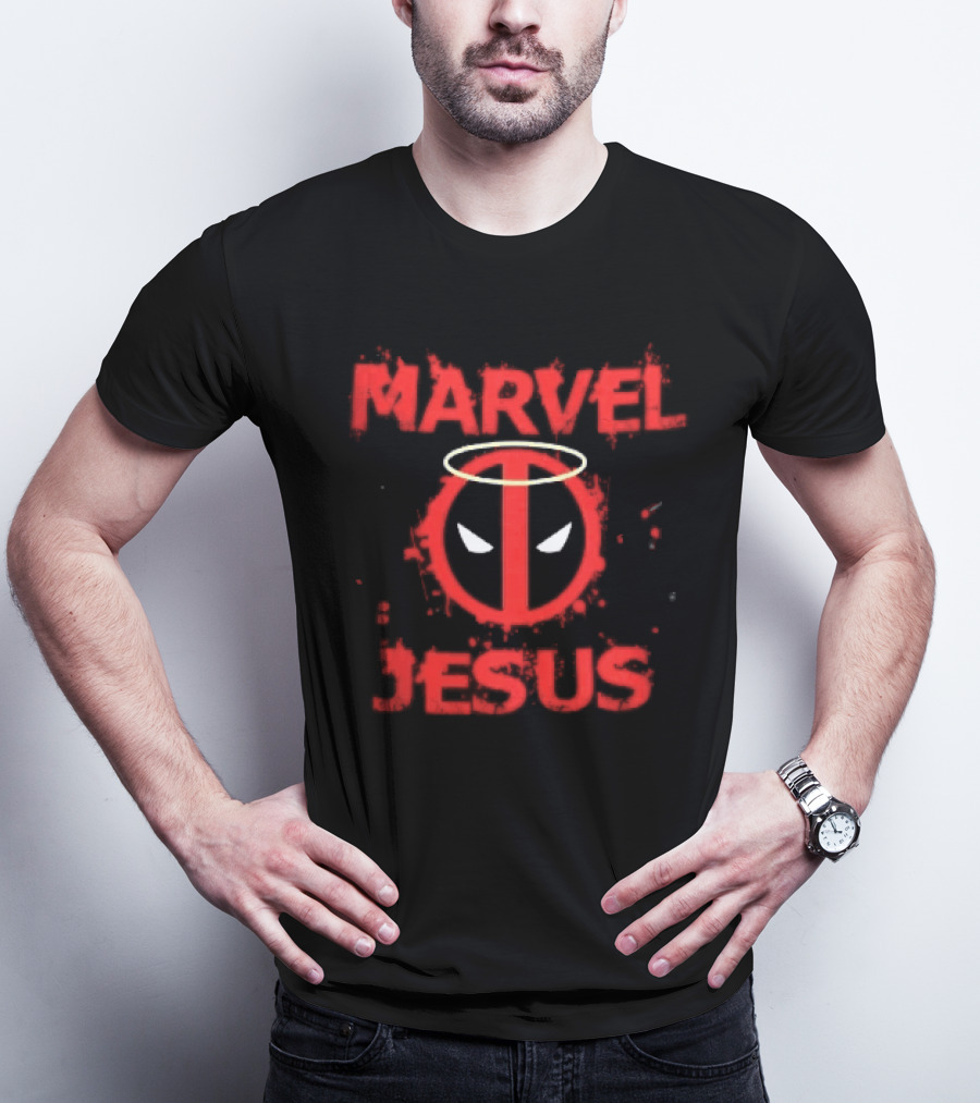 Marvel Jesus Distressed Deadpool Mask Yellow Halo Splatter T-Shirt