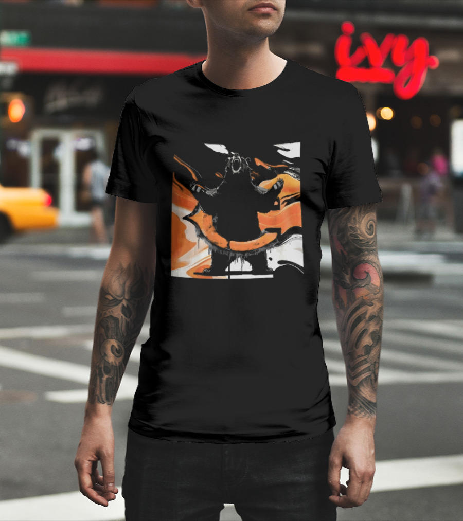 Roaring Black Bear Orange Liquid Swirls Dripping Banner T-Shirt