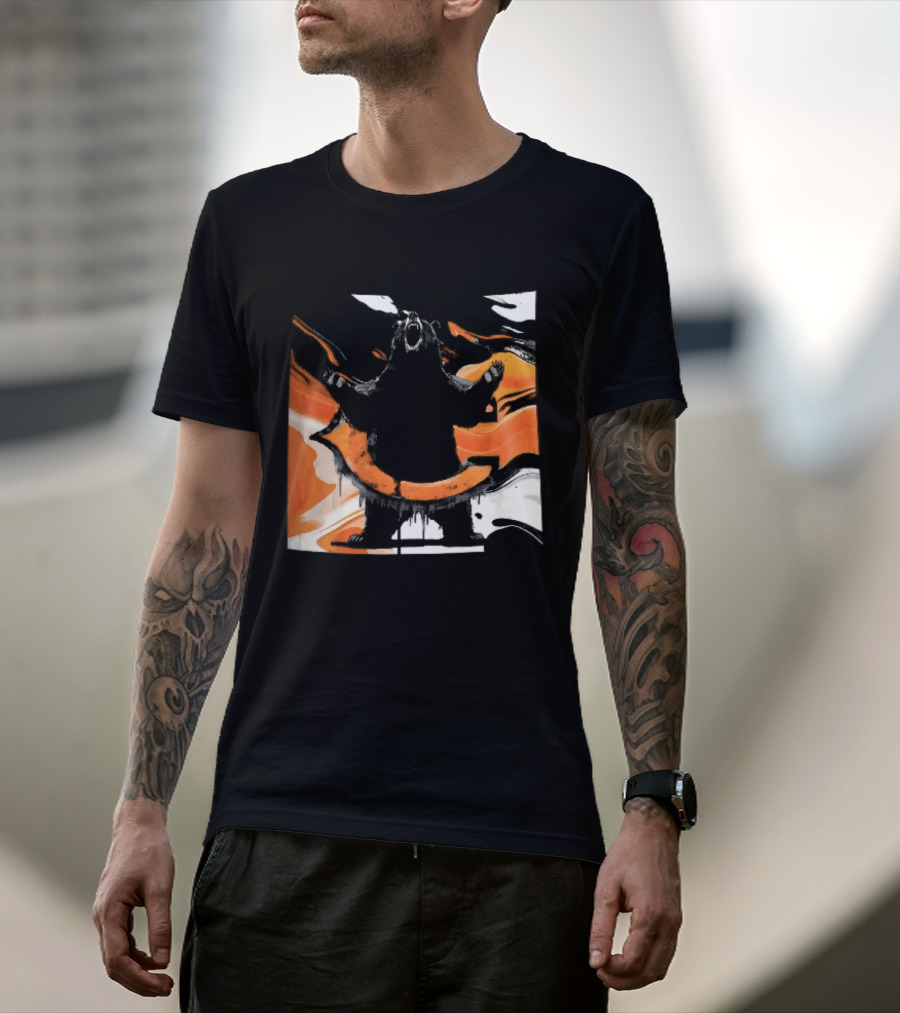 Roaring Black Bear Orange Liquid Swirls Dripping Banner T-Shirt