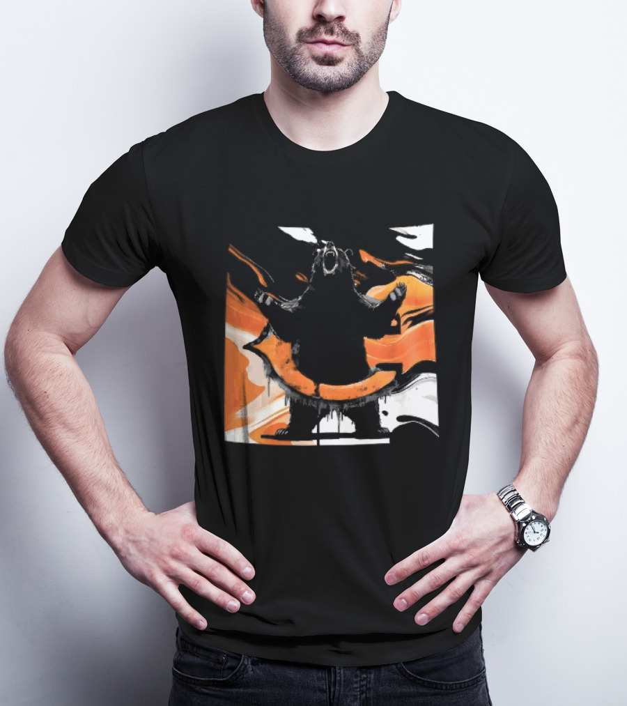 Roaring Black Bear Orange Liquid Swirls Dripping Banner T-Shirt