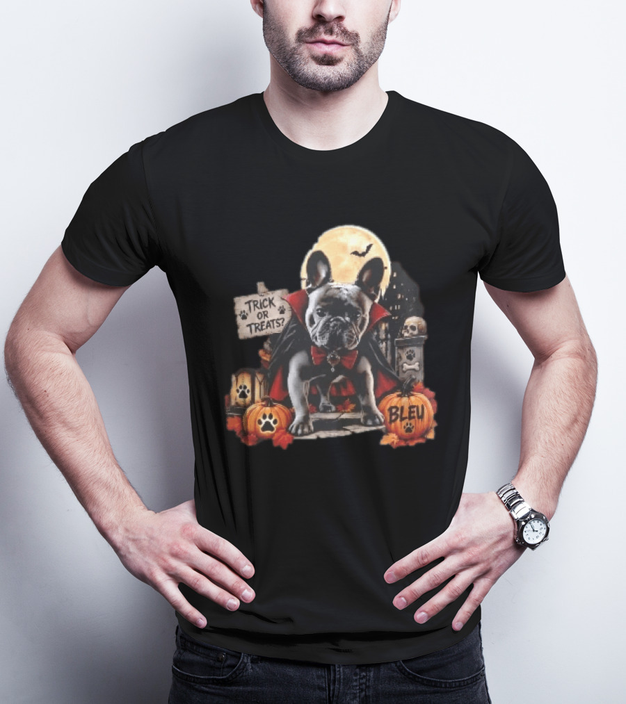 Trick Or Treats Bleu French Bulldog Vampire Cape Moon Pumpkins Halloween Scene T-Shirt