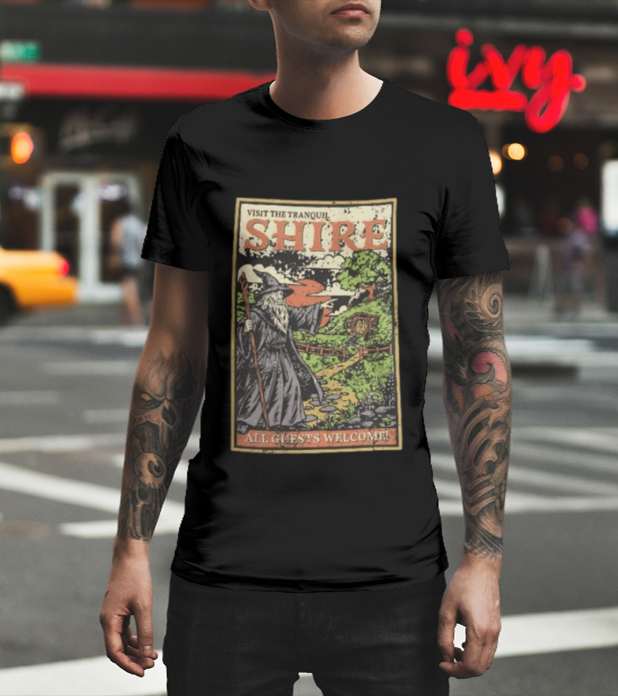 Visit The Tranquil Shire All Guests Welcome Gandalf Hobbit Hole Scene T-Shirt