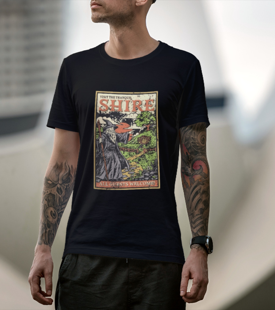 Visit The Tranquil Shire All Guests Welcome Gandalf Hobbit Hole Scene T-Shirt