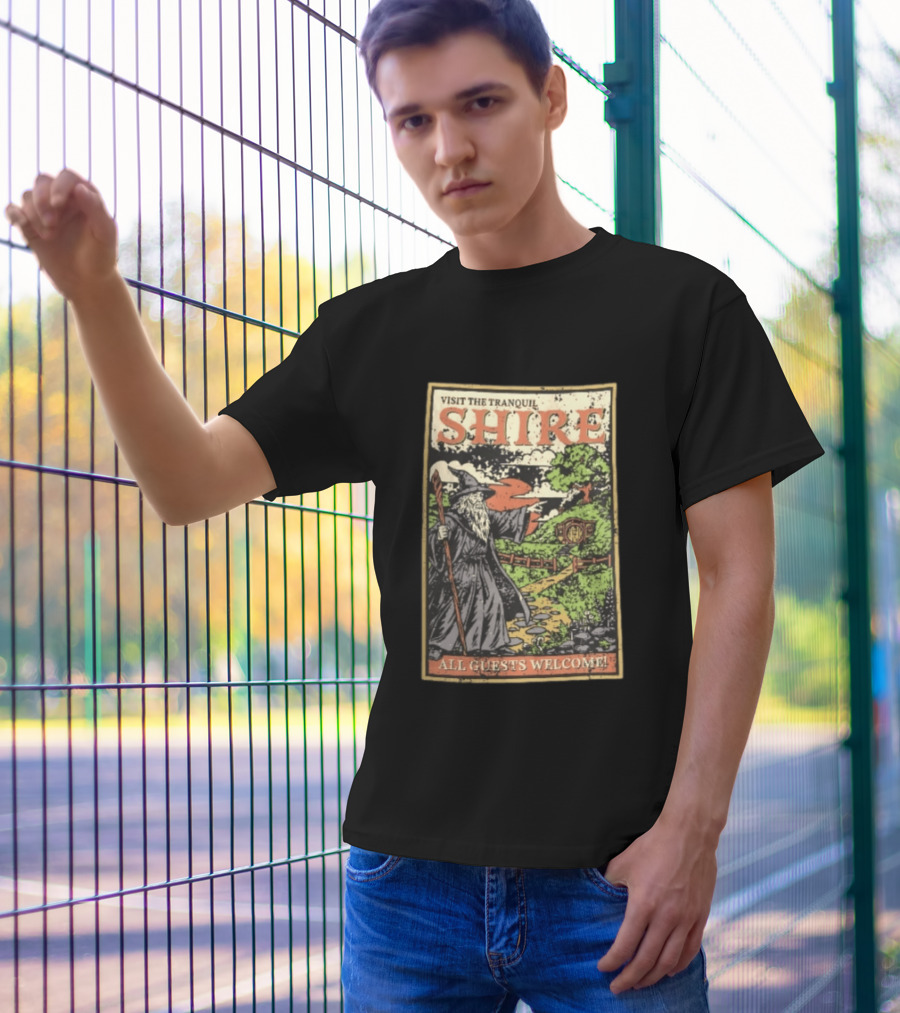 Visit The Tranquil Shire All Guests Welcome Gandalf Hobbit Hole Scene T-Shirt