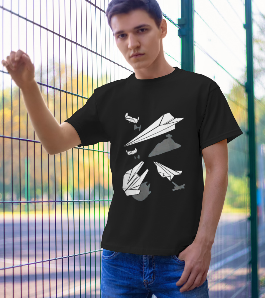 White Origami Paper Airplanes Star Wars Spaceship Shadow Illusions T-Shirt