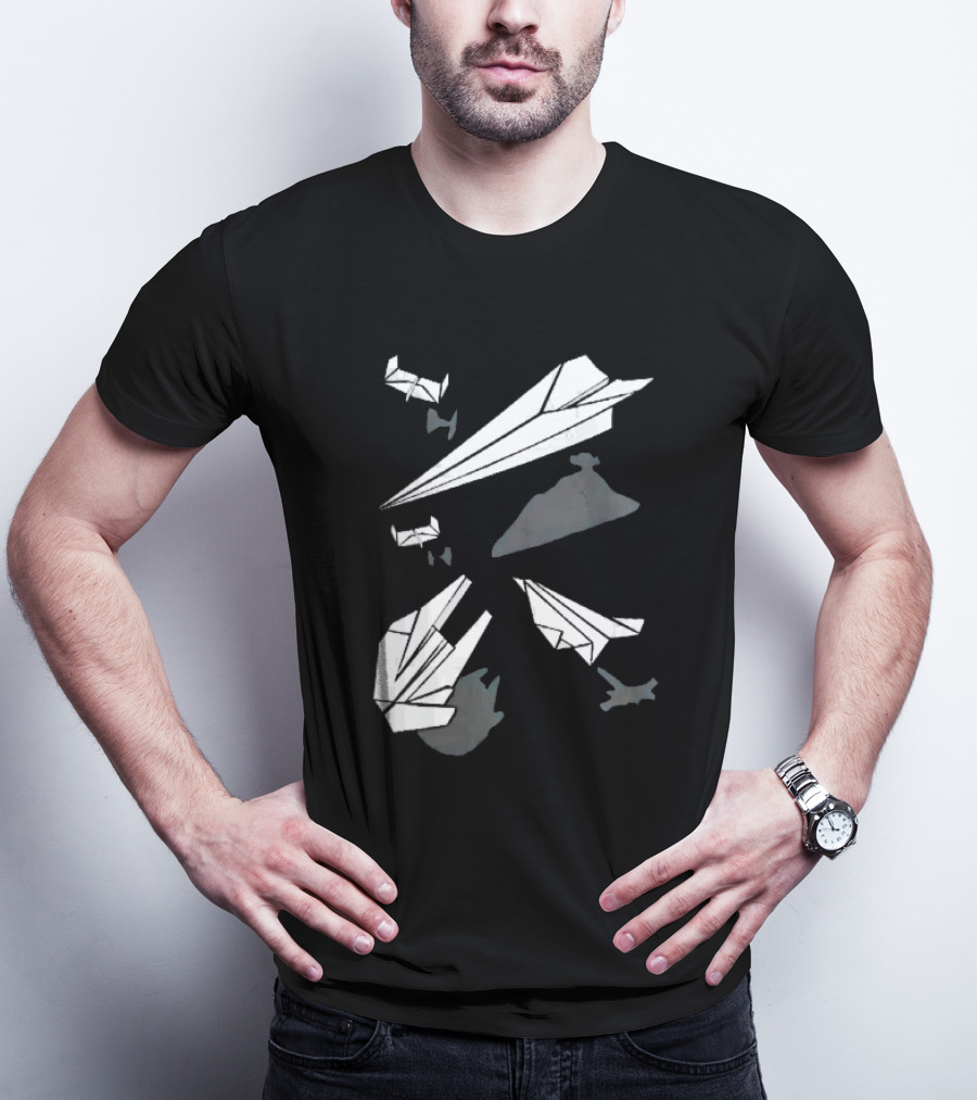White Origami Paper Airplanes Star Wars Spaceship Shadow Illusions T-Shirt