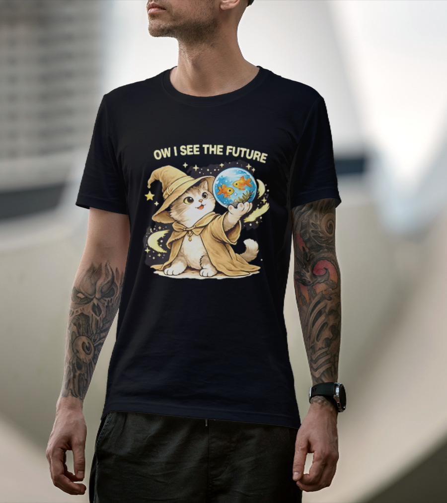 Wizard Cat Halloween Ow I See The Future Goldfish T-Shirt