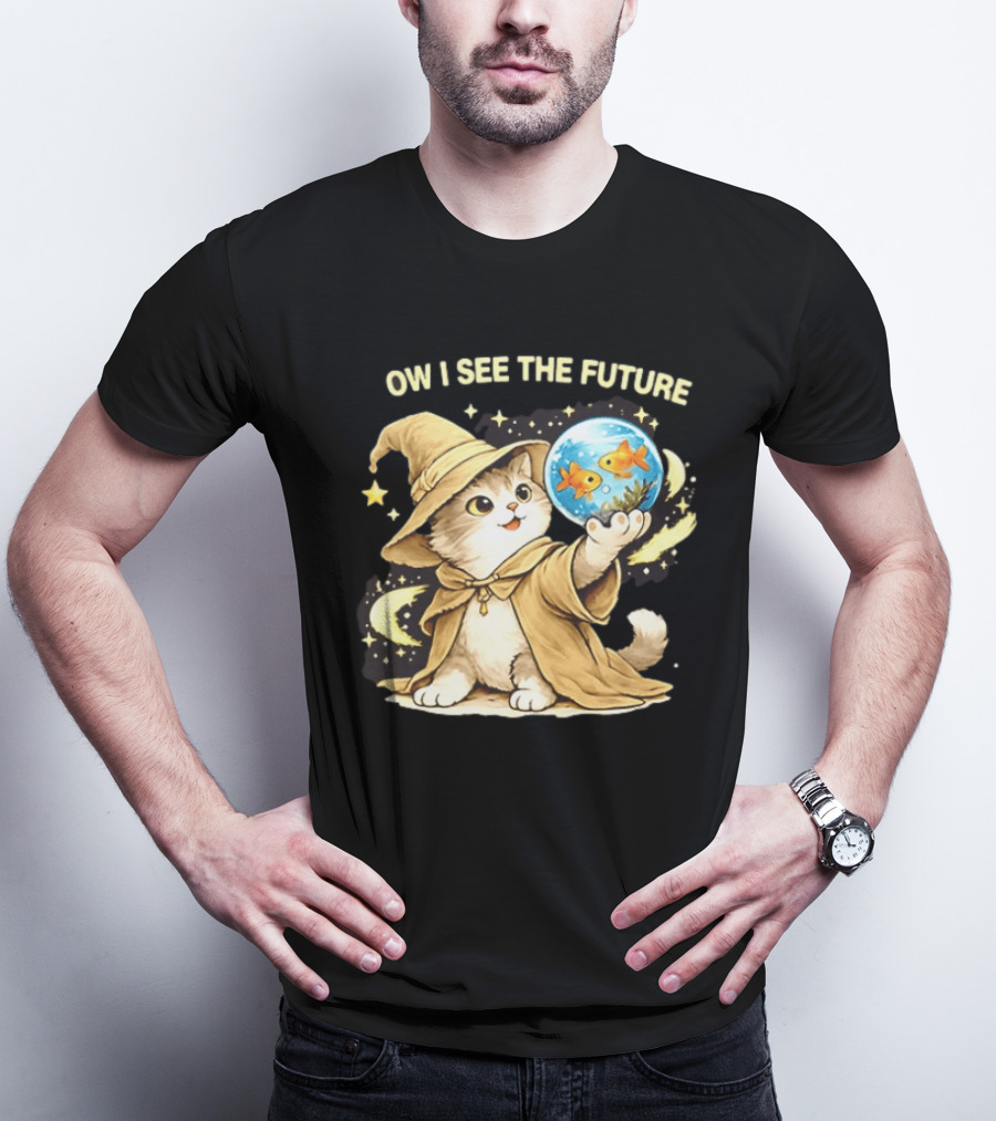 Wizard Cat Halloween Ow I See The Future Goldfish T-Shirt