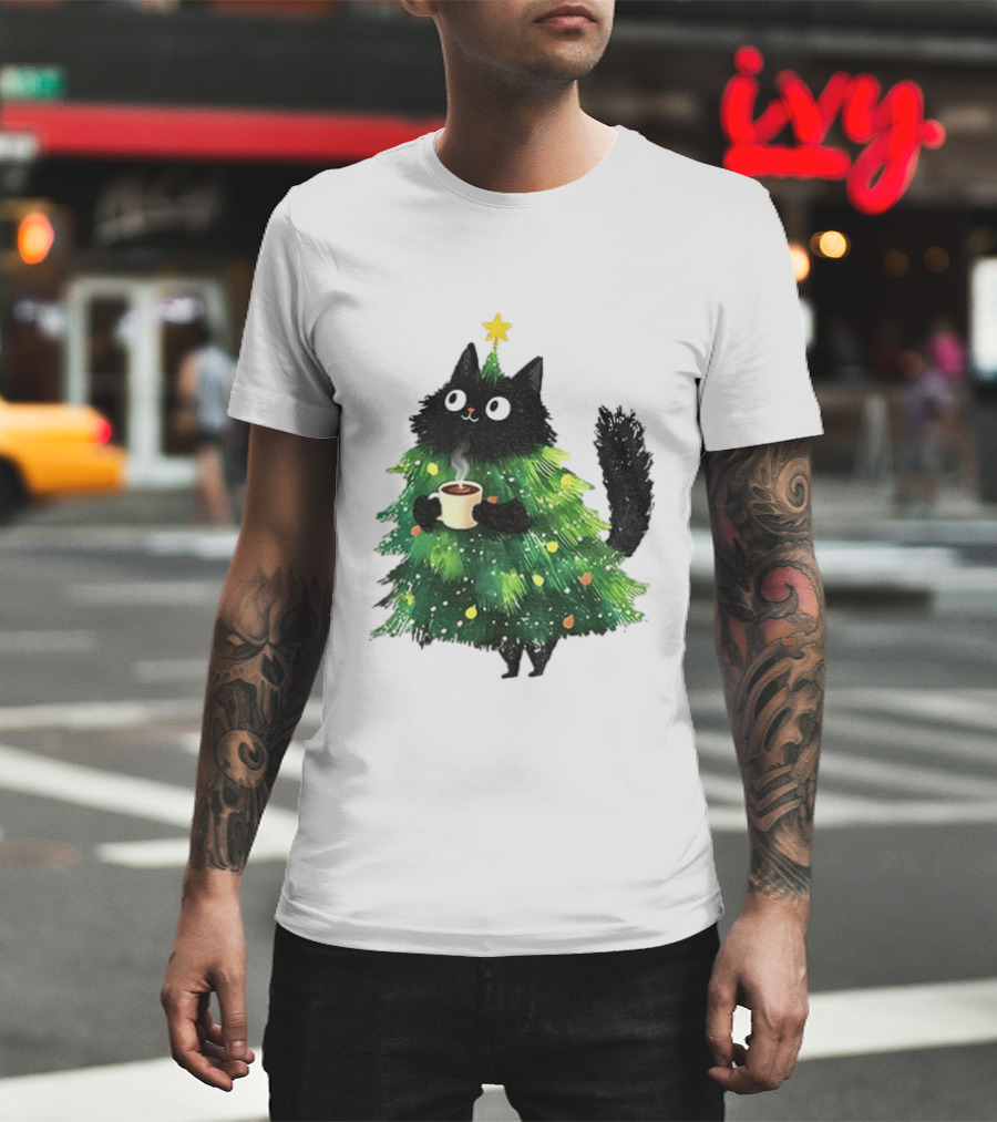 Black Cat Christmas Tree With Hot Coffee Cup T-Shirt