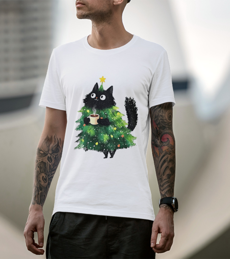 Black Cat Christmas Tree With Hot Coffee Cup T-Shirt