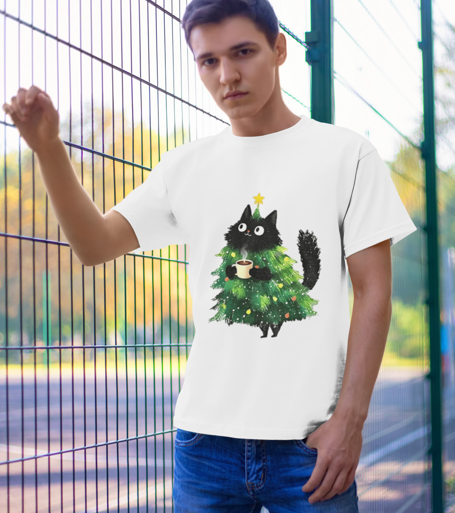 Black Cat Christmas Tree With Hot Coffee Cup T-Shirt