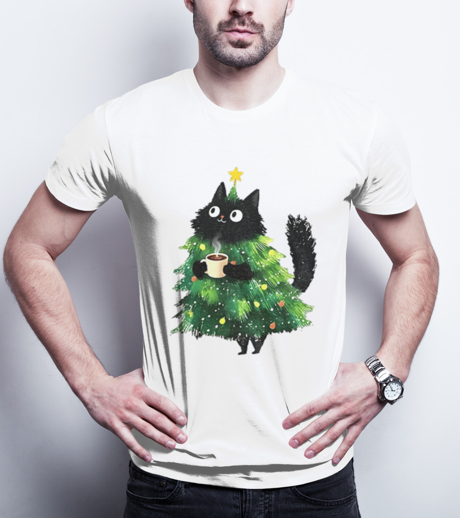 Black Cat Christmas Tree With Hot Coffee Cup T-Shirt