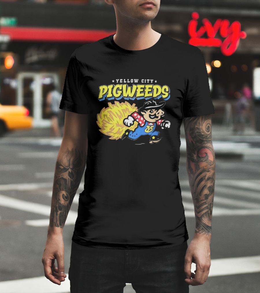 Yellow City Pigweeds Cartoon Cowboy Overalls Tumbleweed Running T-Shirt