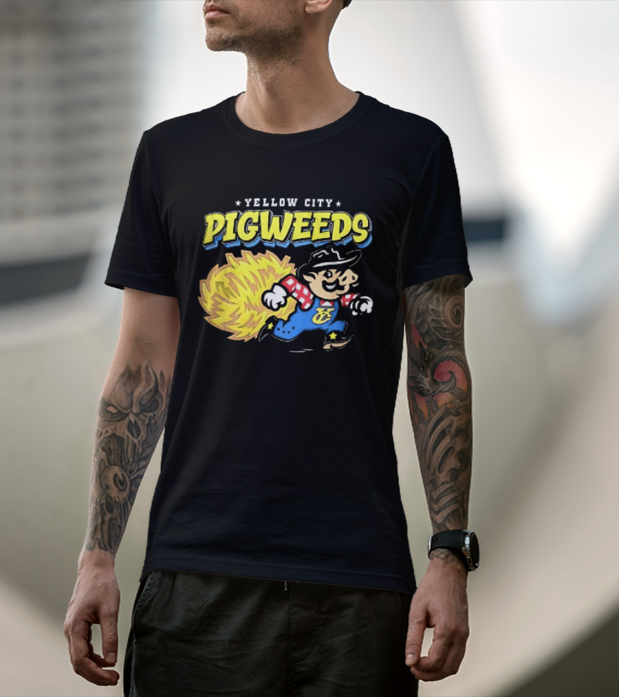 Yellow City Pigweeds Cartoon Cowboy Overalls Tumbleweed Running T-Shirt