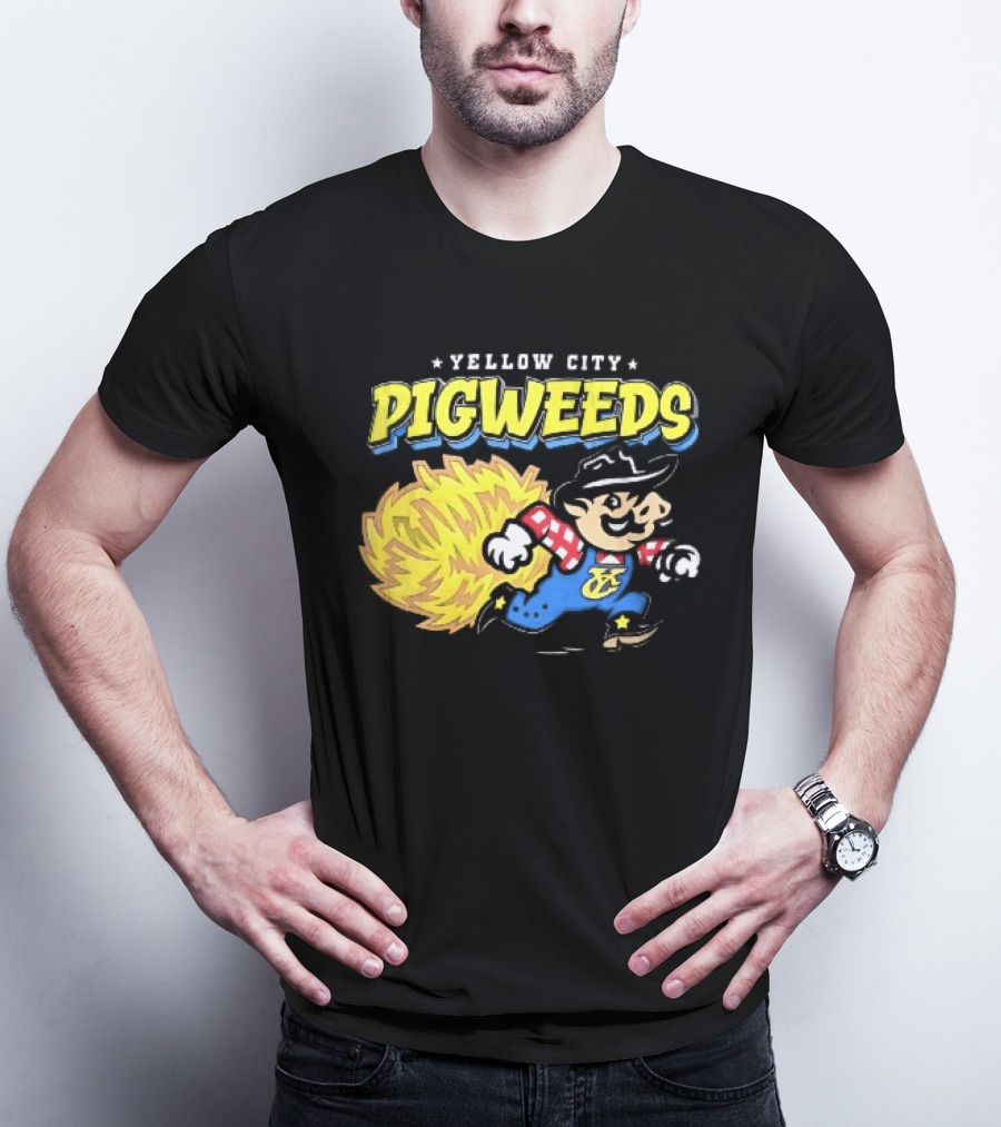 Yellow City Pigweeds Cartoon Cowboy Overalls Tumbleweed Running T-Shirt