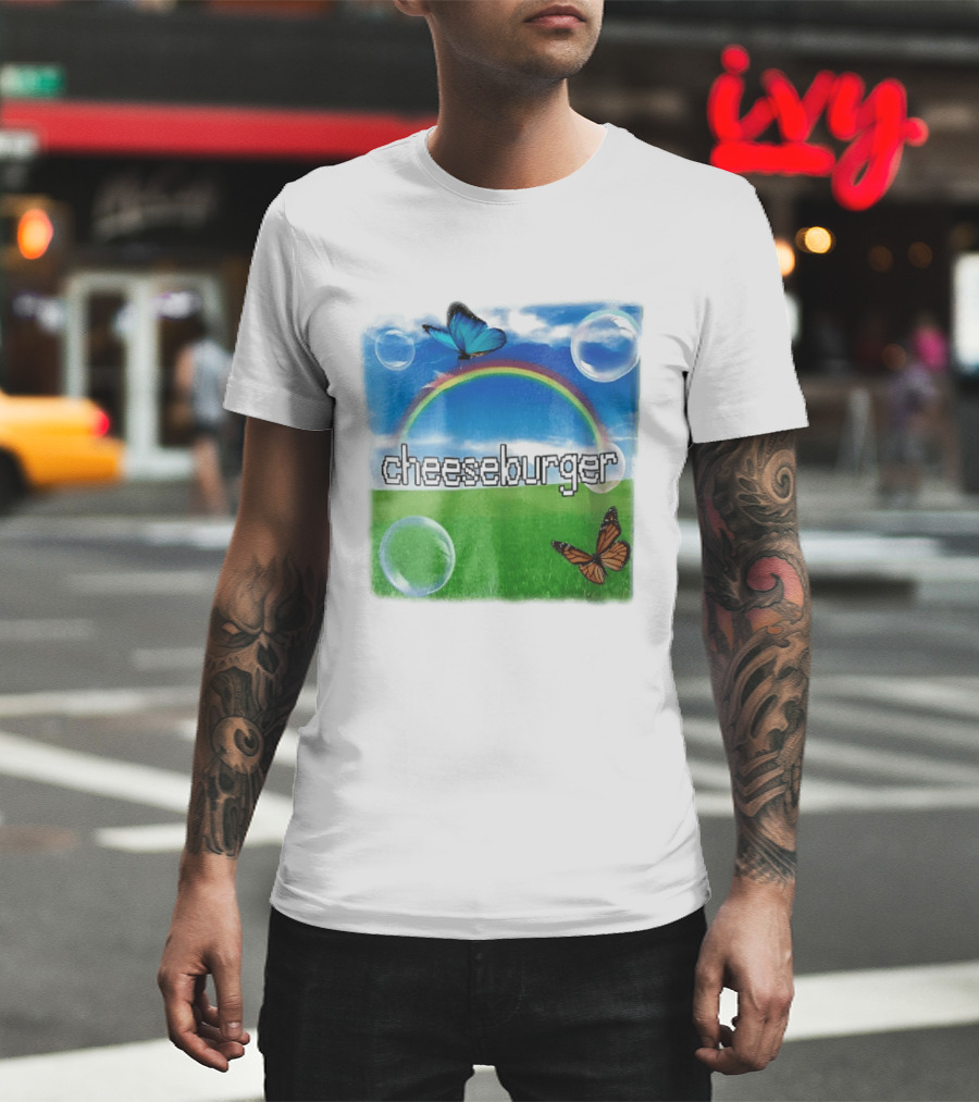 Cheeseburger Pixel Text Rainbow Butterflies Floating Bubbles T-Shirt