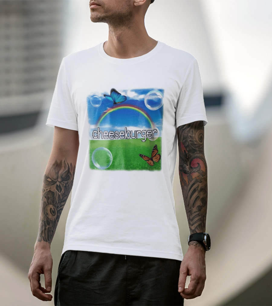 Cheeseburger Pixel Text Rainbow Butterflies Floating Bubbles T-Shirt