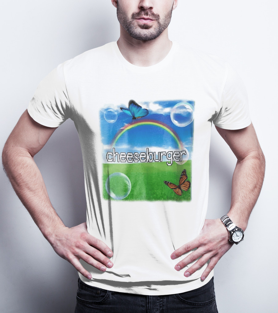 Cheeseburger Pixel Text Rainbow Butterflies Floating Bubbles T-Shirt
