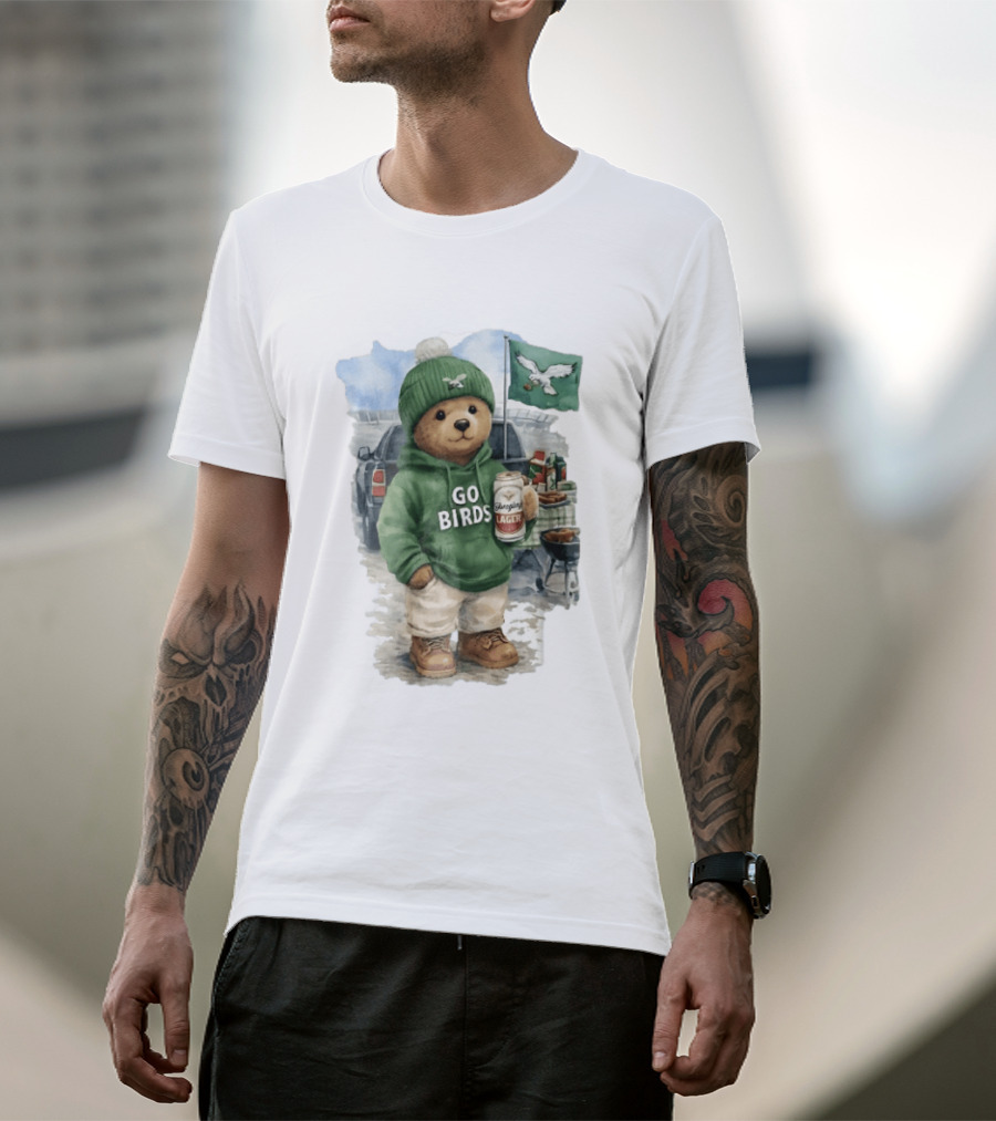 Philadelphia Eagles Go Birds Yuengling Lager Tailgate Teddy Bear Watercolor Truck Scene T-Shirt