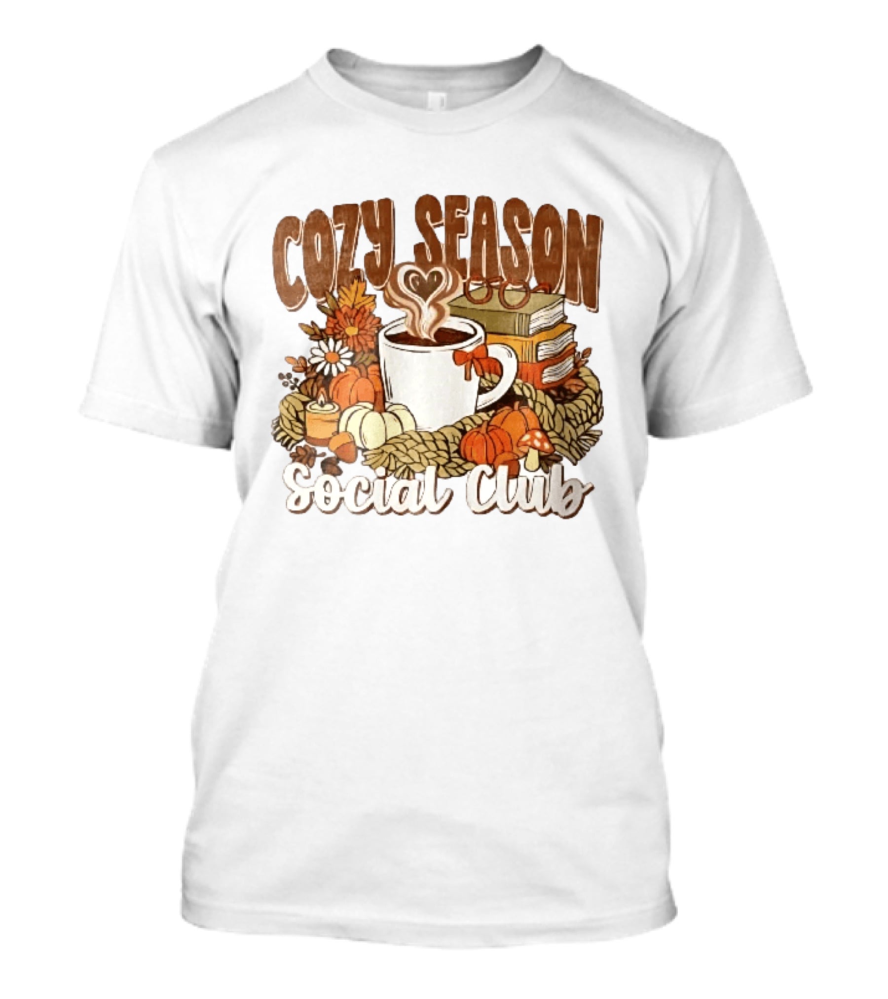 Cozy Season Social Club Coffee Books Pumpkins Knitted Blanket Autumn Vibes T-Shirt