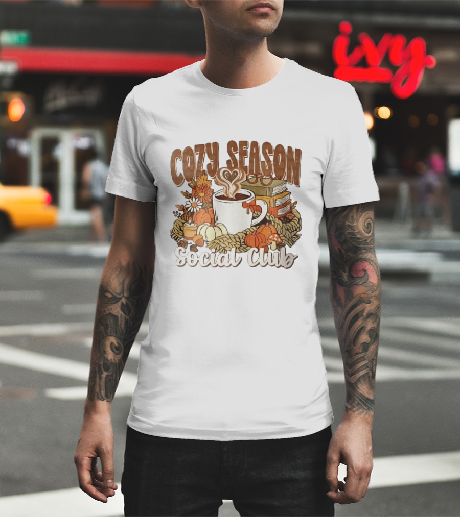 Cozy Season Social Club Coffee Books Pumpkins Knitted Blanket Autumn Vibes T-Shirt
