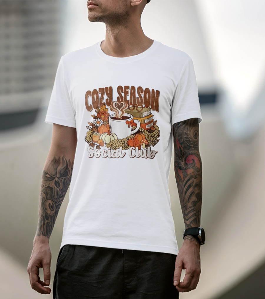 Cozy Season Social Club Coffee Books Pumpkins Knitted Blanket Autumn Vibes T-Shirt