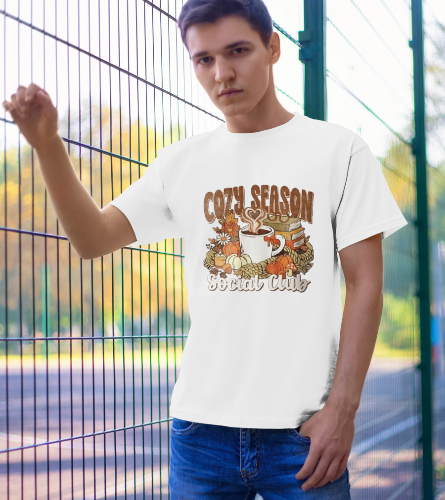 Cozy Season Social Club Coffee Books Pumpkins Knitted Blanket Autumn Vibes T-Shirt