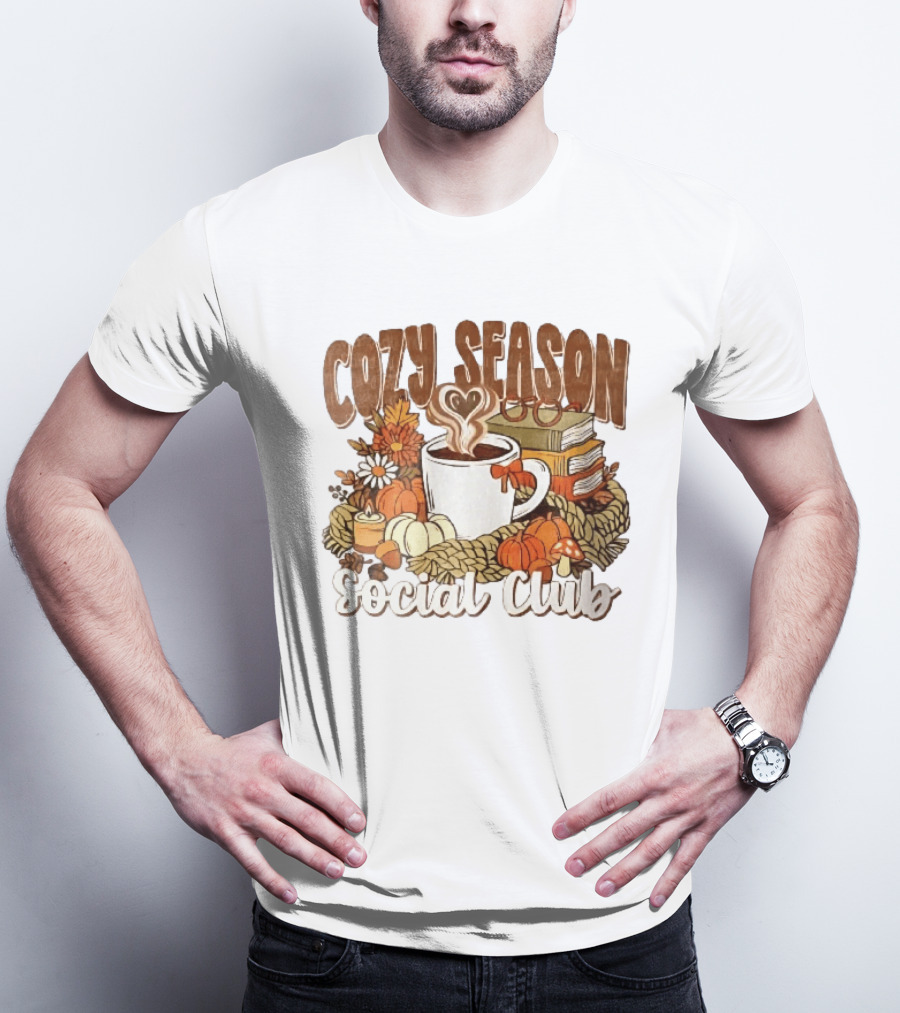 Cozy Season Social Club Coffee Books Pumpkins Knitted Blanket Autumn Vibes T-Shirt