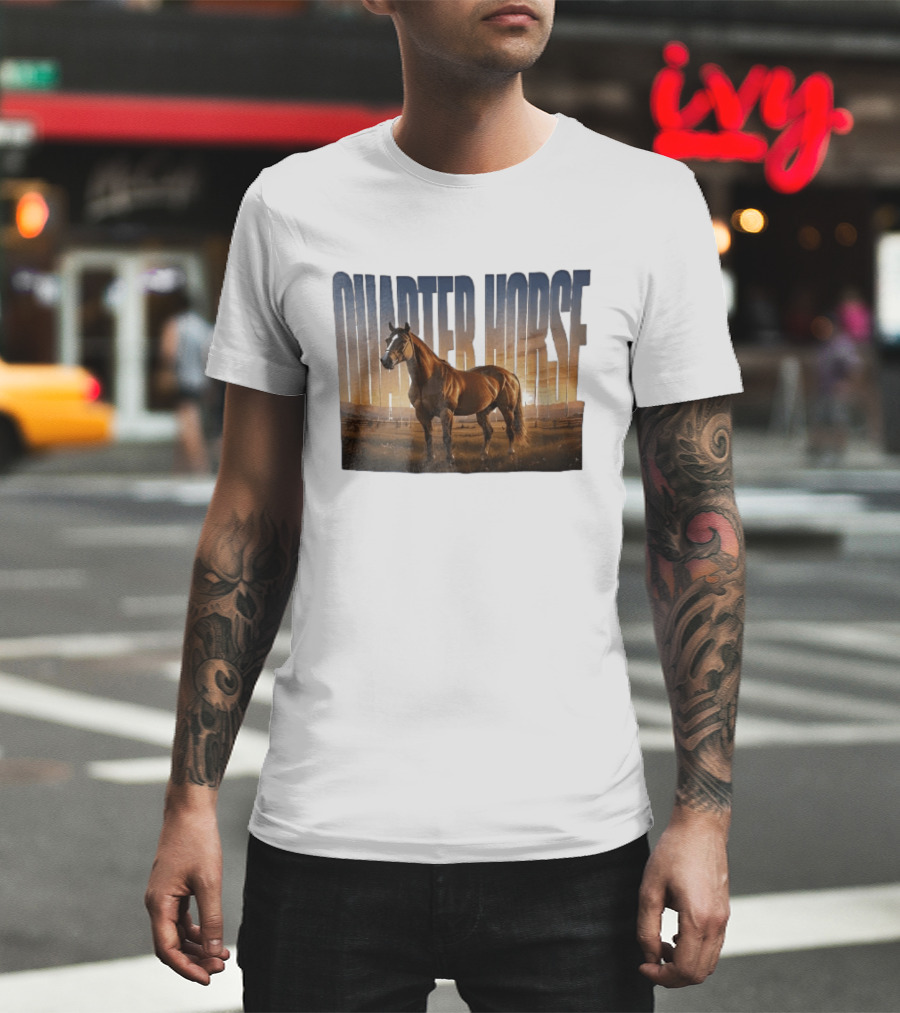 Quarter Horse Muscular Brown Stallion Sunset Landscape T-Shirt