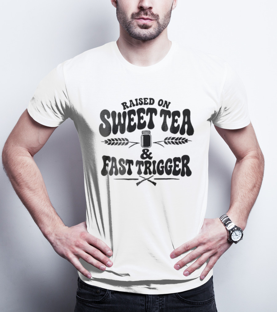 Raised On Sweet Tea Fast Trigger Mason Jar Wheat Stalks Crossed Rifles T-Shirt