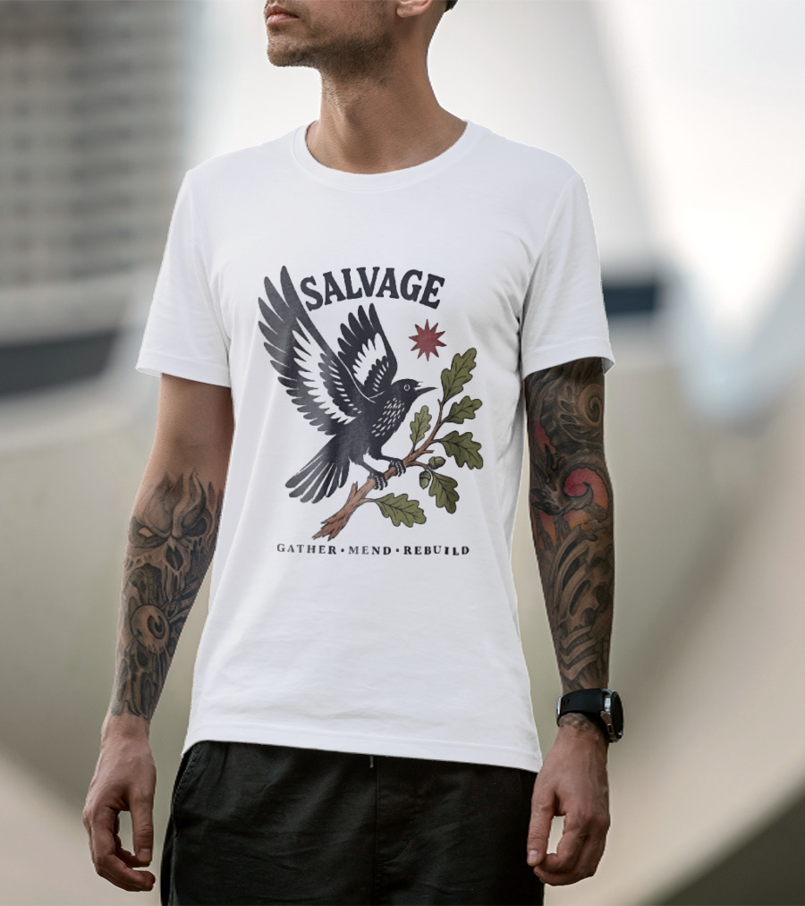 Salvage Gather Mend Rebuild Bird On Oak Branch With Acorns T-Shirt