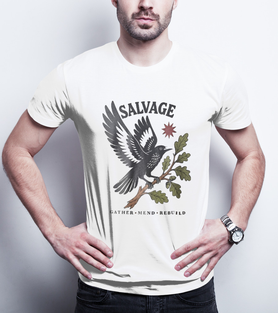 Salvage Gather Mend Rebuild Bird On Oak Branch With Acorns T-Shirt