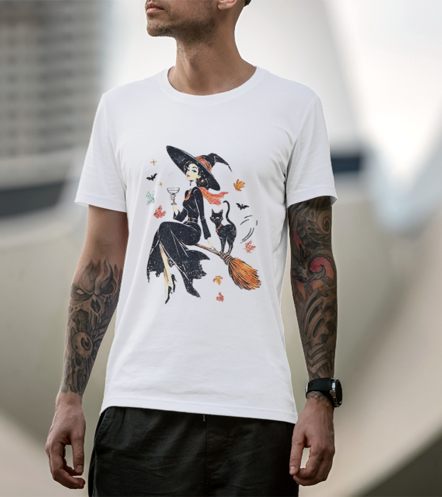 Witch Cat Ringer Spooky Fall Pumpkin Halloween Vintage Witch And Black Cat On Broomstick With Coffee Cup And Autumn Leaves T-Shirt