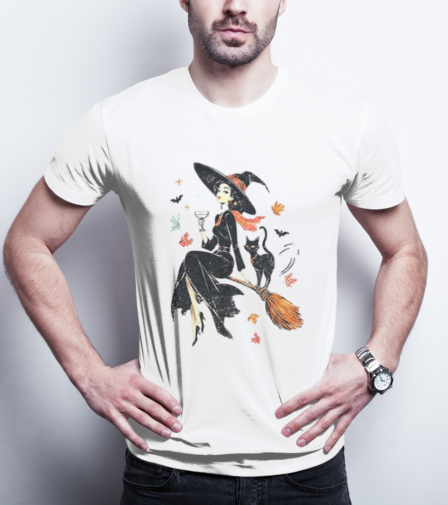 Witch Cat Ringer Spooky Fall Pumpkin Halloween Vintage Witch And Black Cat On Broomstick With Coffee Cup And Autumn Leaves T-Shirt