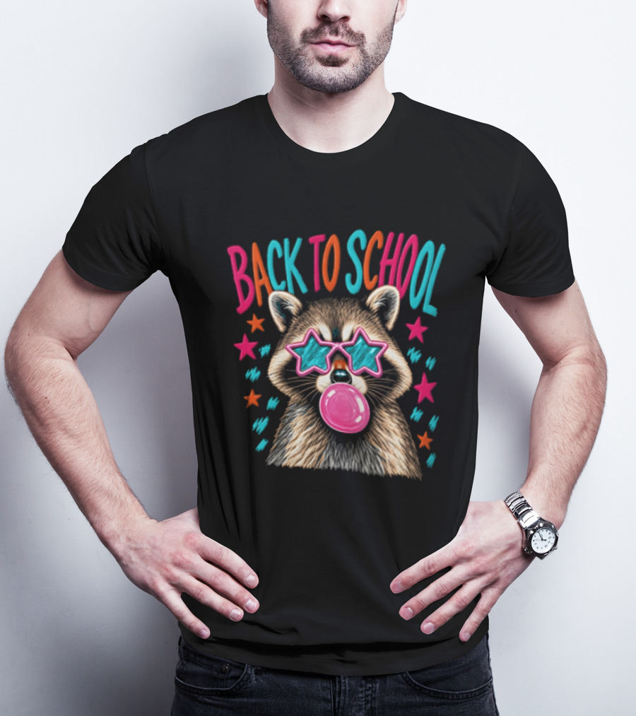 Back To School Raccoon Bubble Gum Star Sunglasses Fun Fashion T-Shirt