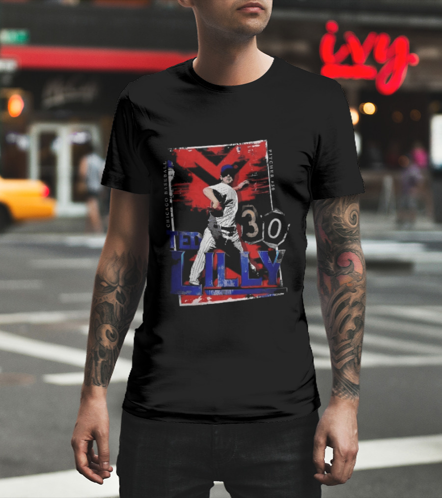 Chicago Baseball MLB Pitcher Ted Lilly 30 Distressed Red Black Collage Throwing Photo T-Shirt
