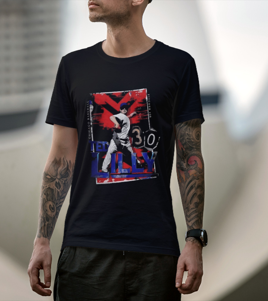 Chicago Baseball MLB Pitcher Ted Lilly 30 Distressed Red Black Collage Throwing Photo T-Shirt
