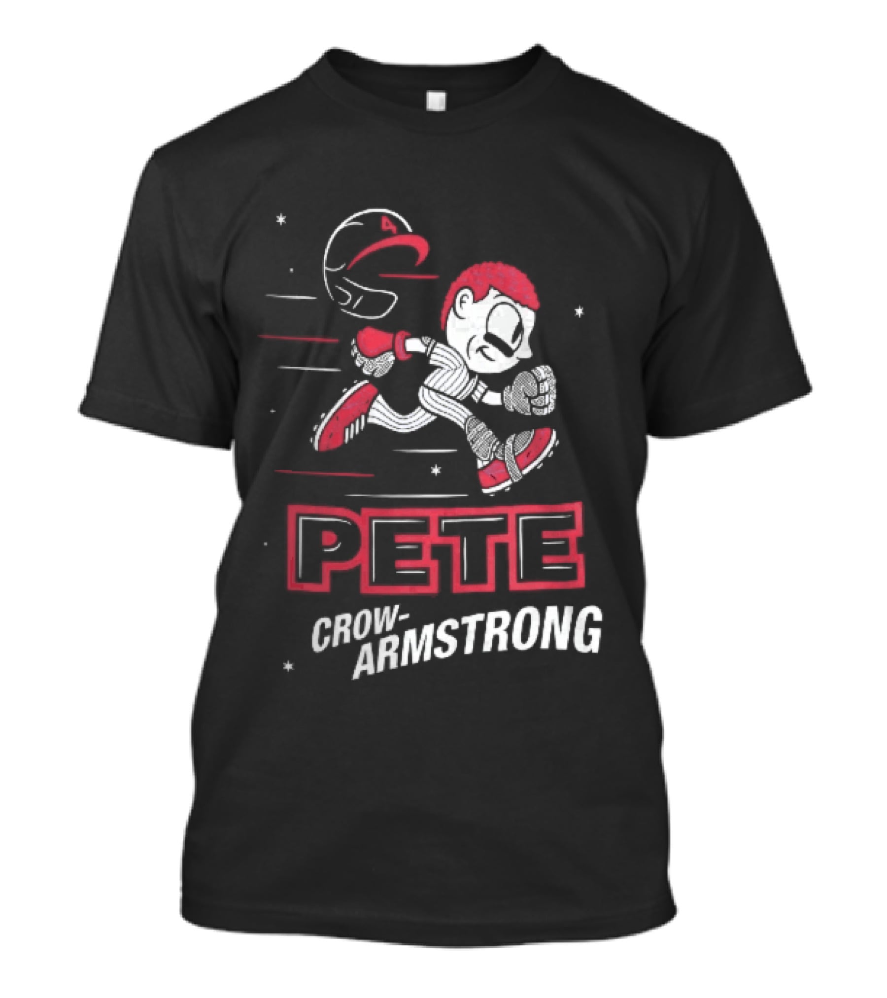 Chicago Cubs MLB Pete Crow Armstrong Cartoon Caricature Running Baseball Player Flying Helmet Stars T-Shirt