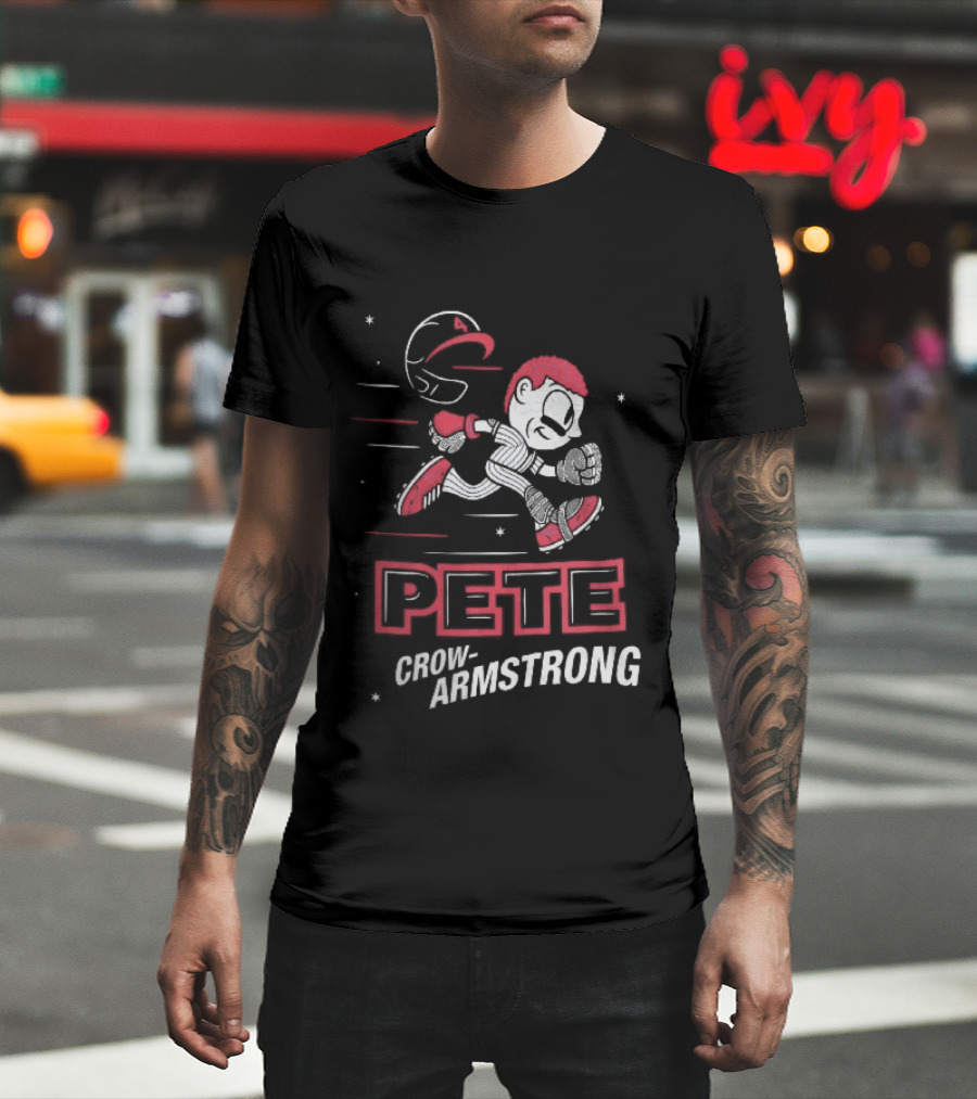 Chicago Cubs MLB Pete Crow Armstrong Cartoon Caricature Running Baseball Player Flying Helmet Stars T-Shirt