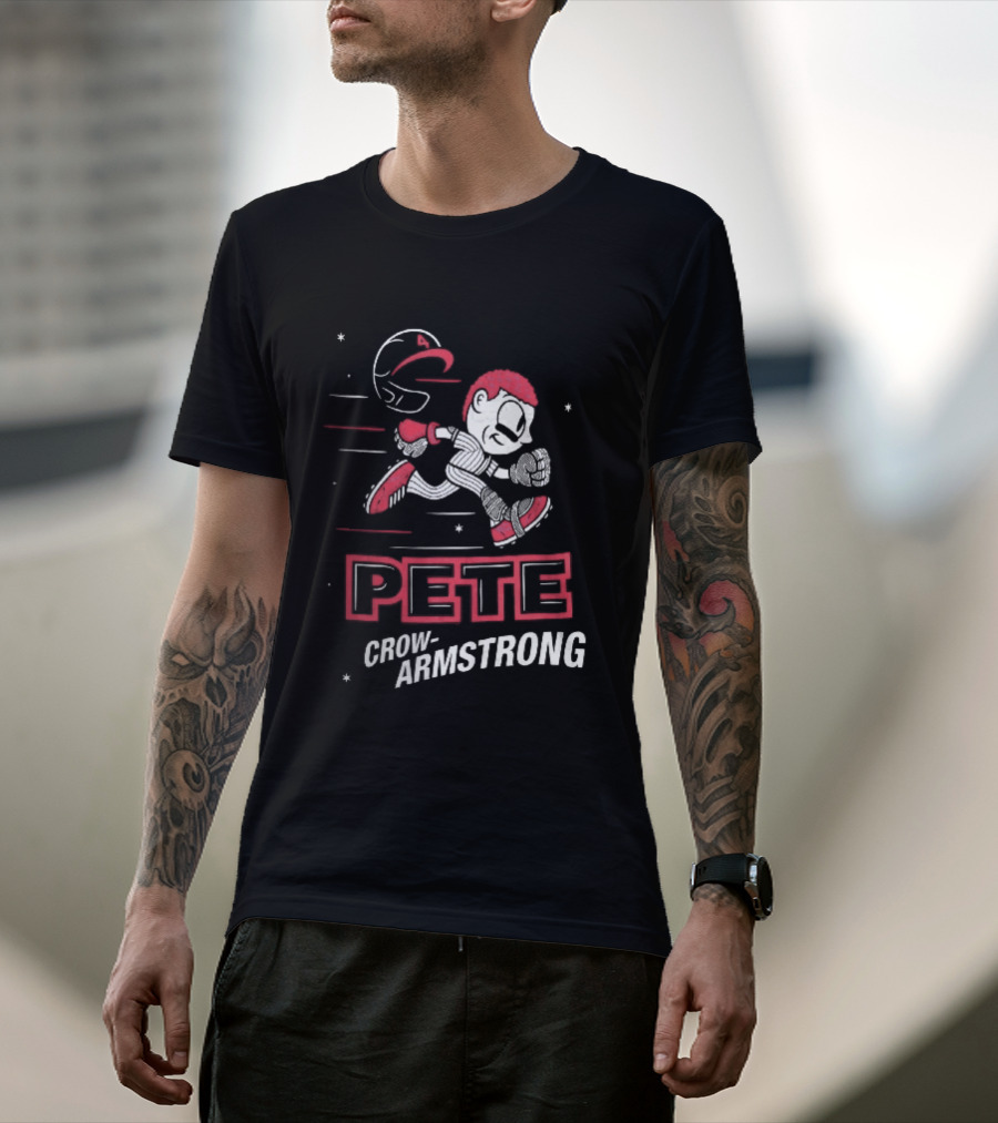 Chicago Cubs MLB Pete Crow Armstrong Cartoon Caricature Running Baseball Player Flying Helmet Stars T-Shirt