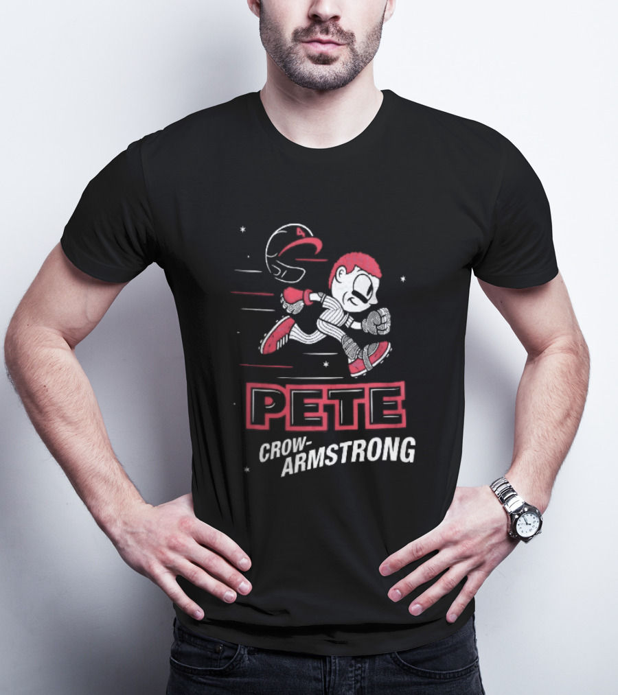 Chicago Cubs MLB Pete Crow Armstrong Cartoon Caricature Running Baseball Player Flying Helmet Stars T-Shirt
