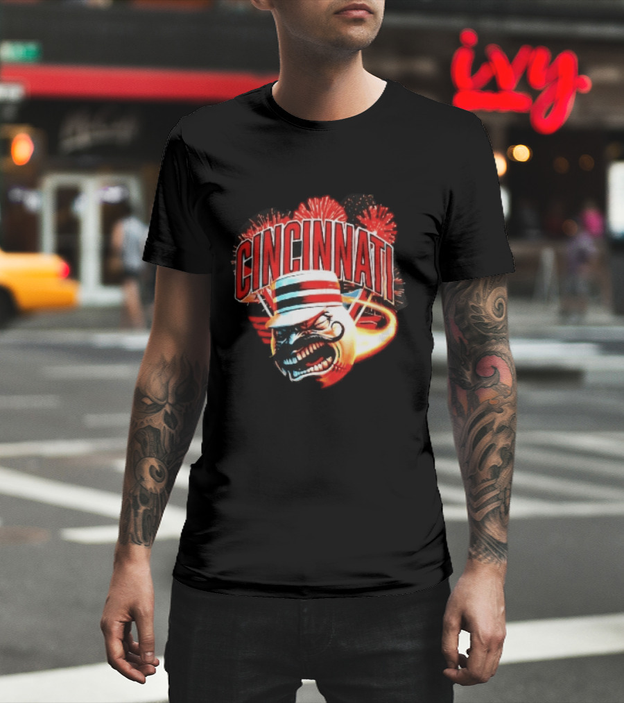 Cincinnati Reds Angry Pillbox Hat Fireball Fireworks MLB T-Shirt