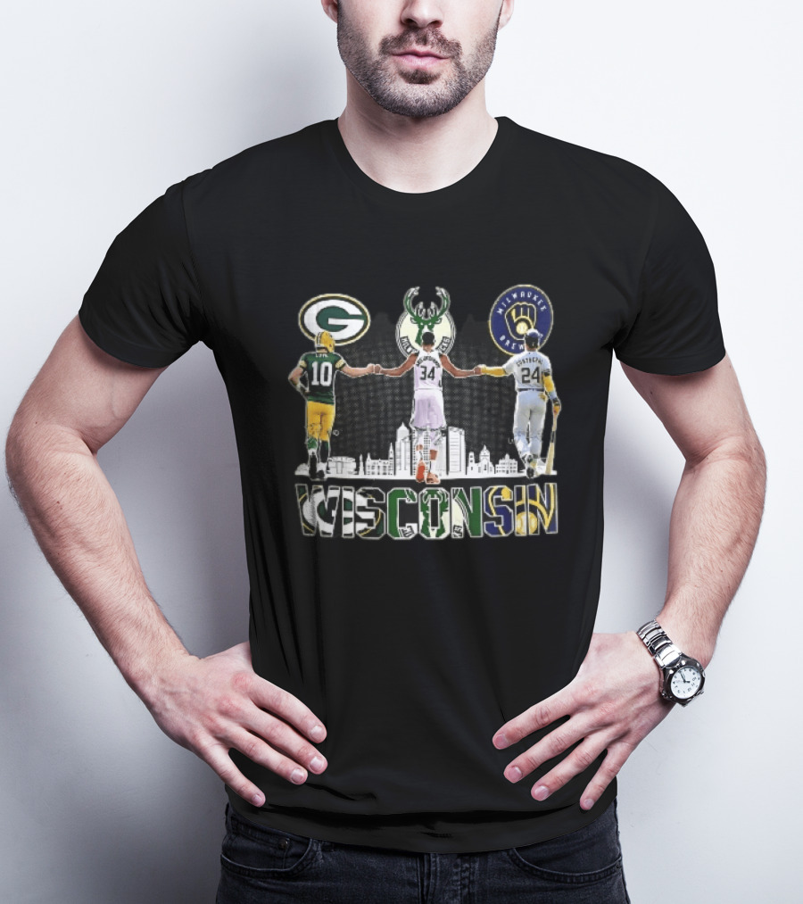 Green Bay Packers Milwaukee Bucks Brewers Wisconsin Antetokounmpo Contreras Love Skyline T-Shirt