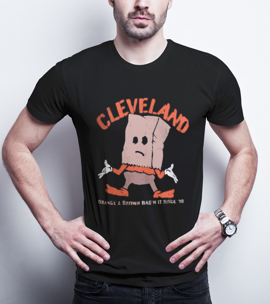 Cleveland Browns Orange Brown Bag N It Since 99 Cartoon Sack Shrugging T-Shirt